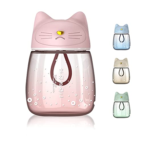 10 OZ Glass Water Bottle with Cat Ears Lid, Silicone Rope Cute Water Bottle, Leakproof Glass Drinking Bottle, Easy to Carry, Reusable (Pink)