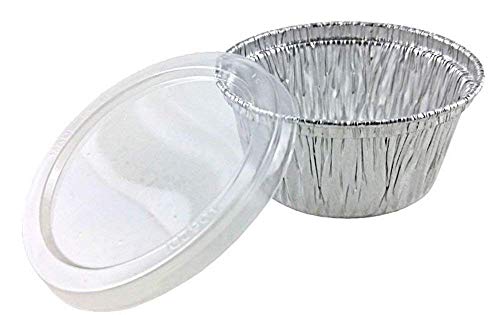 100-Pack Disposable Muffin Cups (4-oz) –With Plastic Lids- Premium Food-Grade Quality Aluminum Cupcake Tip Pan Ramekin Holders – Accommodates Hot/Cold, Cooked & Baked Food –Grease Proof and Stack-able