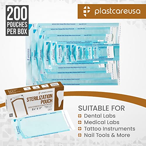 200 5.25 x 10 Self-Sterilization Pouches for Cleaning Tools, Autoclave Sterilizer Bags for Dental Offices, Pouch for Dentist Tools, 200 Pouches, 1 Box of Paper Blue Film