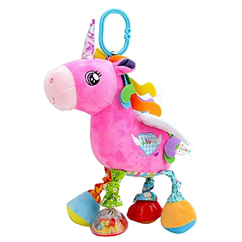 D-KINGCHY Baby Car Stroller Rattle Toy, Hanging Stuffed Animal Plush Ring, Newborn Crib Bed Around Toy with Sound and Handle for 0-3 Years Old (Unicorn)