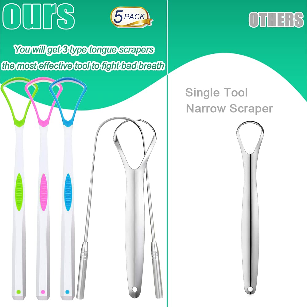 Tongue Scraper Cleaner for Adults Kids, 5 Pack 100% BPA Free Fresher Tongue Tools, Bad Breath Remove Reusable Stainless Steel Tounge Scrapper Set