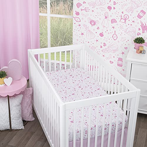 Disney Princess - Dare to Dream Pink and White, Castle, Hearts and Stars 3 Piece Nursery Crib Bedding Set - Comforter, Fitted Crib Sheet, and Crib Skirt