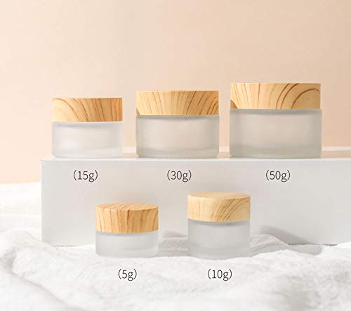 5 Pack 5g/10g/15g/30g/50g Frosted Glass Cream Jar,Empty Makeup Cosmetics Container Jar Pot With Wood Grain Lid for Face Cream Cosmetic Eye Shadow-FREE 5 Plastic Pick Stick