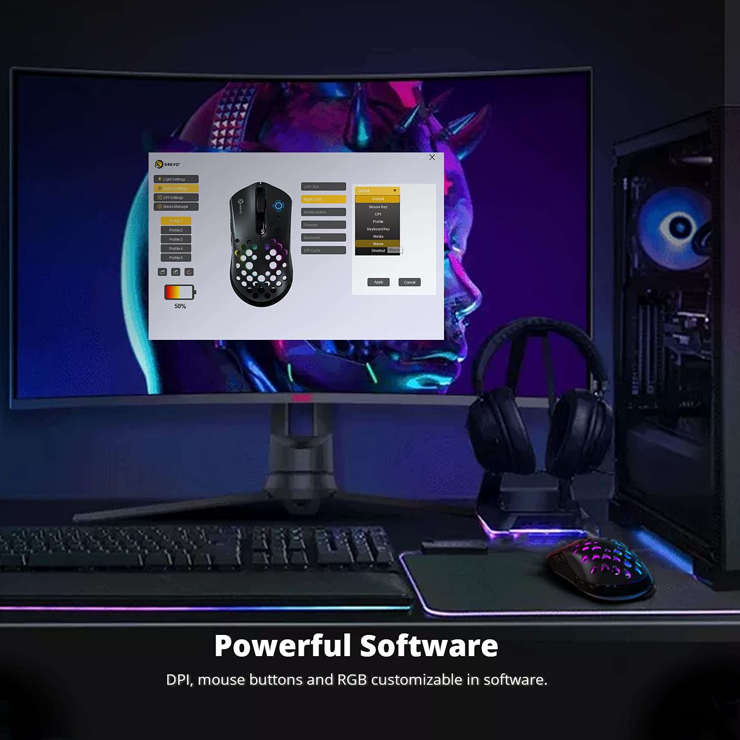 DREVO Owl Wireless RGB Gaming Mouse with 85G Lightweight, 2.4G Connectivity, 6 Programmable Buttons, PixArt PMW3325 Optical Sensor & Adjustable 6 Levels DPI
