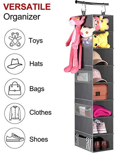MISSLO 8-Shelf Hanging Shoe Organizer Clothes Closet Organizers and Storage Shelves Hat Holder with Large Shelf and Side Mesh Pockets for Hats Handbags Kid Sweater, Grey