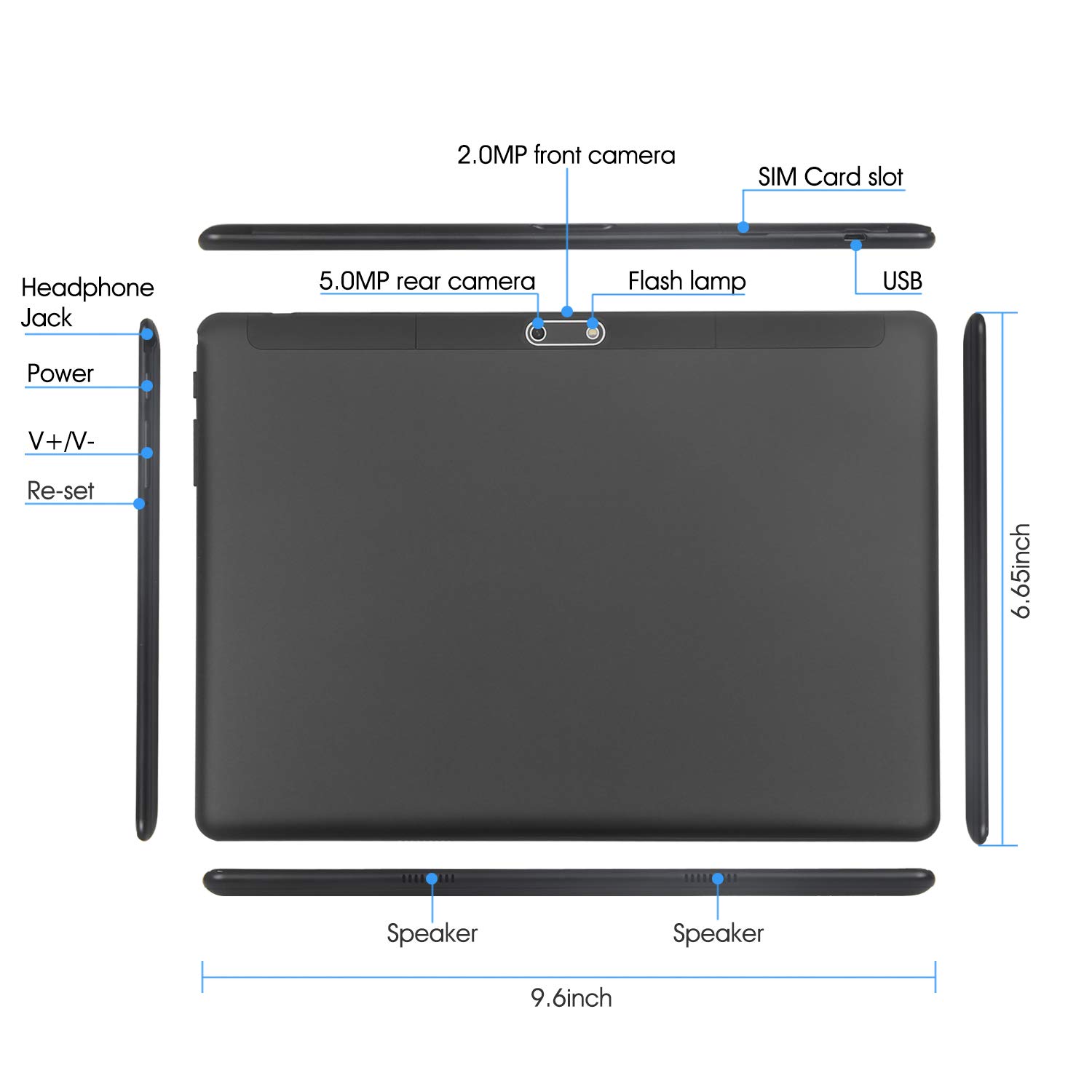 10 inch Android 9.0 Tablet Pad Dual SIM Card Slot 2.5D Curved Glass Touch Screen 4GB RAM 64GB ROM 3G Phablet Built-in Bluetooth WiFi GPS Tablets (Metallic Black)