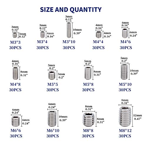 HEMEI 390Pcs M3/M4/M5/M6/M8 Hex Allen Head Socket Set Screw Assortment Kit Internal Hex Drive Flat Point 304 Stainless Steel Metric Grub Screw with 5pcs Hex Wrenches