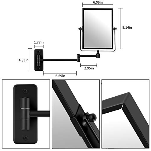 QiMH 3X Magnified Wall Mounted Mirror, Rectangular 8x6 Inch with Extendable Arm | Polished Chrome Finish Double-Sided Swivel Mirror