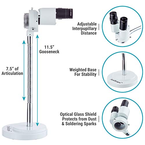 AmScope - 8X Binocular Stereo Microscope w/ 360 Revolve + 8W Fluorescent Ring Light - Gooseneck Illuminator Set for Dental, Lab, Electronic Repairs - SE508-FRL