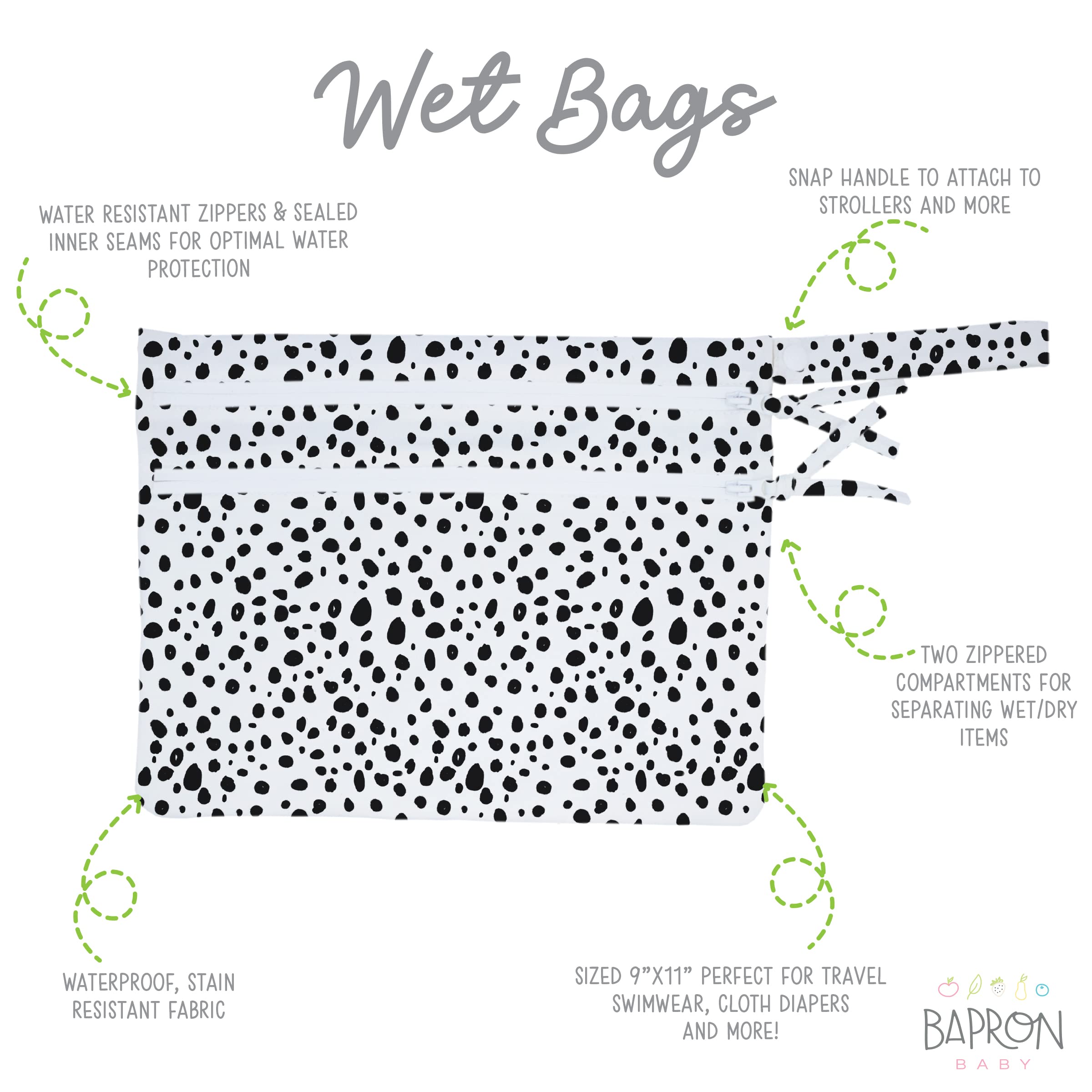 BapronBaby Organic Dot Wet Dry Bag - Waterproof Two Zipper Pockets - Reusable for Mealtime, Diapers, Stroller, Snacks, Swimsuits - Machine Washable - 11" x 9"