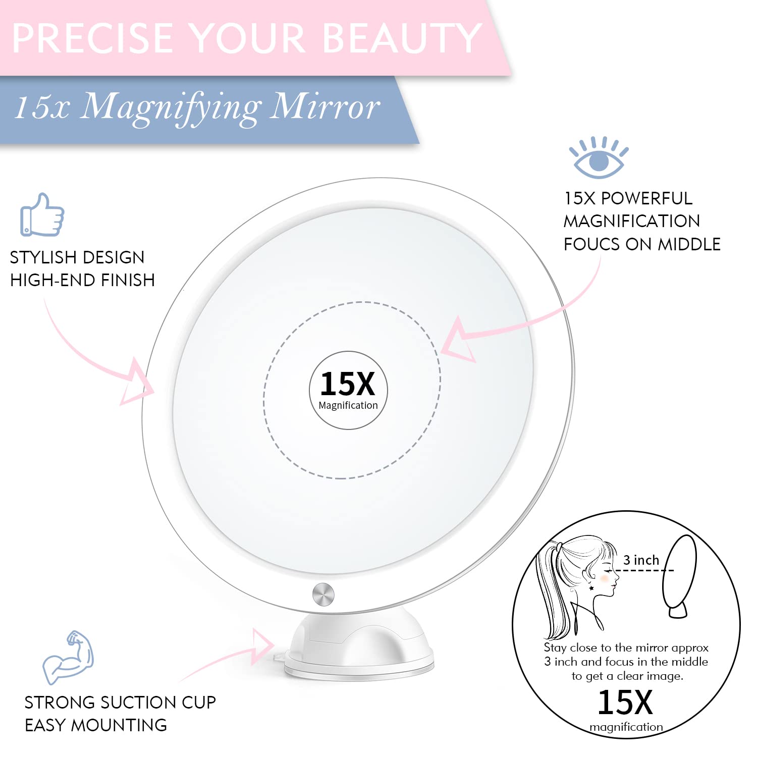 15x Magnifying Mirror with Light & Tweezers - Lighted Makeup Mirror with Strong Magnification for Precise Makeup, Plucking, Lighted Magnified Mirror w/Suction Cup for Bathroom, Dual Power , 8"