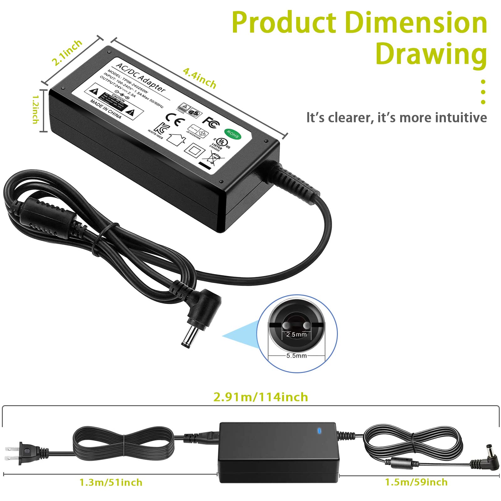 24V 2.5A Power Supply Adapter 110V-240V AC to DC 24 Volt 60 W Charger Power Cord for Logitech Racing Wheel,LED Strips, LCD Monitor,CCTV Camera