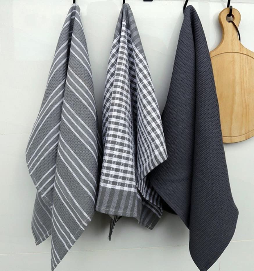 100% Cotton Waffle Tea Towels Pack of 3 Set Trendy Stripes Dish Towels for Kitchen Pack of 3 Kitchen Tea Towel Set 17x25 in