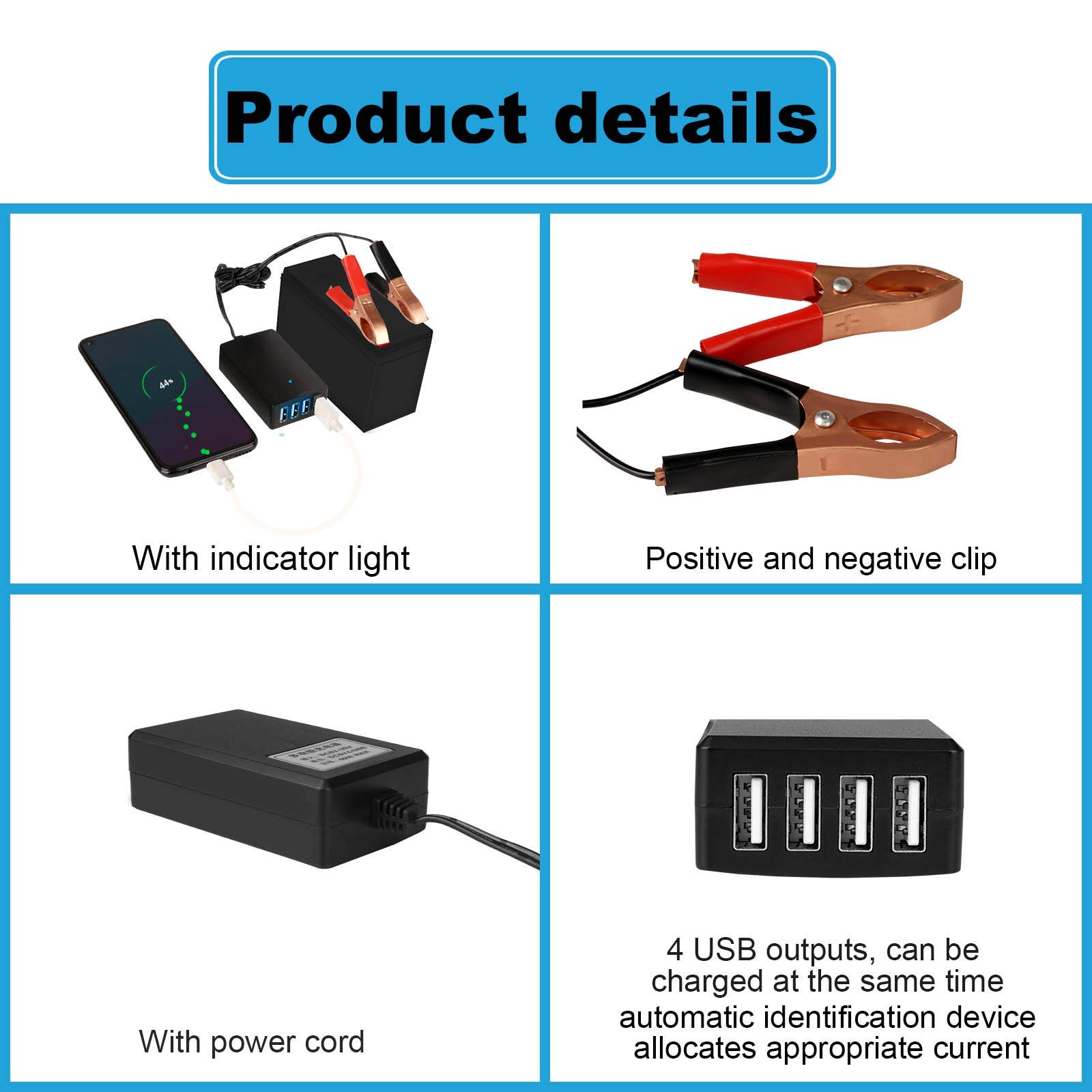 DC Converter with Battery Clip 12V 24V to 5V 8A USB Power Adapter Buck Regulator Charger, 4 Ports Automatically Identify shunt Charging, Suitable for iPhone Android Samsung Galaxy S10 s9 Plus