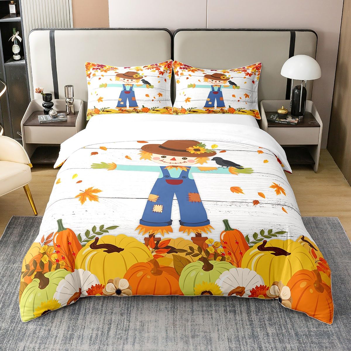 100% Nature Cotton Watercolor Thanksgiving Pumpkins Duvet Cover Queen,Vintage Rustic Farmhouse Scarecrow Fall Leaves Super Soft Bedding Set,Vintage Wooden Stripes Comforter Cover Bedding 3 Piece