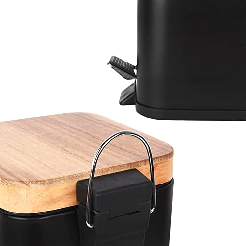 Mini Bathroom Trash Can with Bamboo Lid Soft Close, 0.8 Gal / 3 L Square Step Garbage Container Bin with Removable Inner Wastebasket for Bedroom, Kitchen, Office (Black)