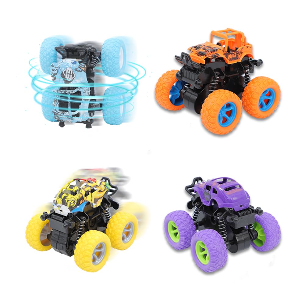 4-Pack Friction-Powered Monster Trucks with 360-Degree Rotation, Durable Toys for Boys and Girls Ages 3-12