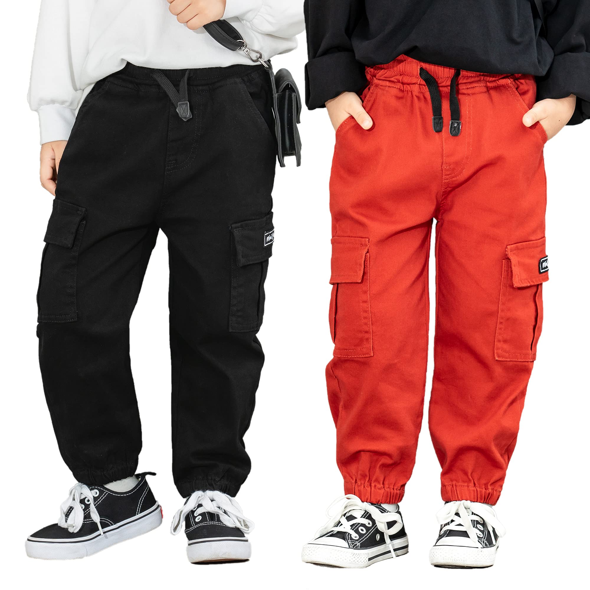 MINI PANDA Toddler Boy Pants, Little Boys 2-Pack Pull On Pants (Black+Red, 4T)