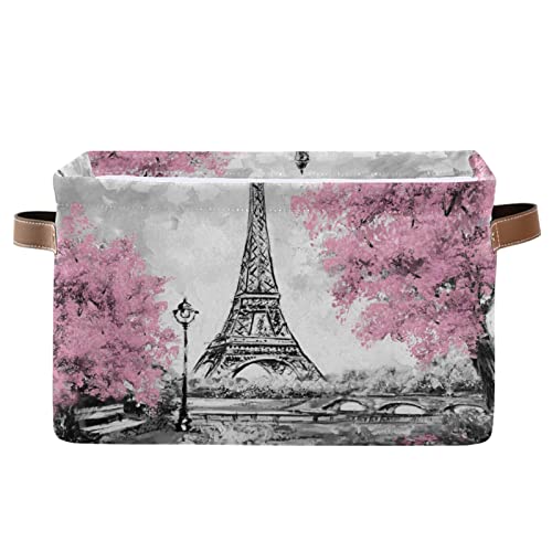 DAOXIANG Vintage Paris Eiffel Tower and Pink Tree Themed Square Storage Basket, Foldable, with Leather Handles,for Home, School and Office 15 * 11 * 9.5 in * 1