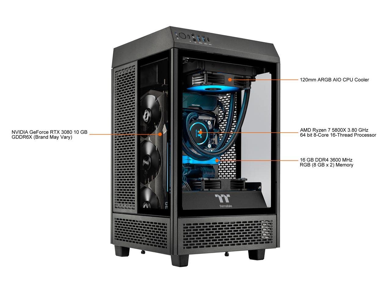 Thermaltake Reactor 380 Liquid-Cooled PC (AMD Ryzen 7 5800X, RTX 3080, 16GB 3600Mhz DDR4 RGB ToughRAM, Seagate FireCuda 520 NVMe 1TB, WiFi, Win 10 Home) Gaming Desktop Computer TW1B-B550-R38-LCS