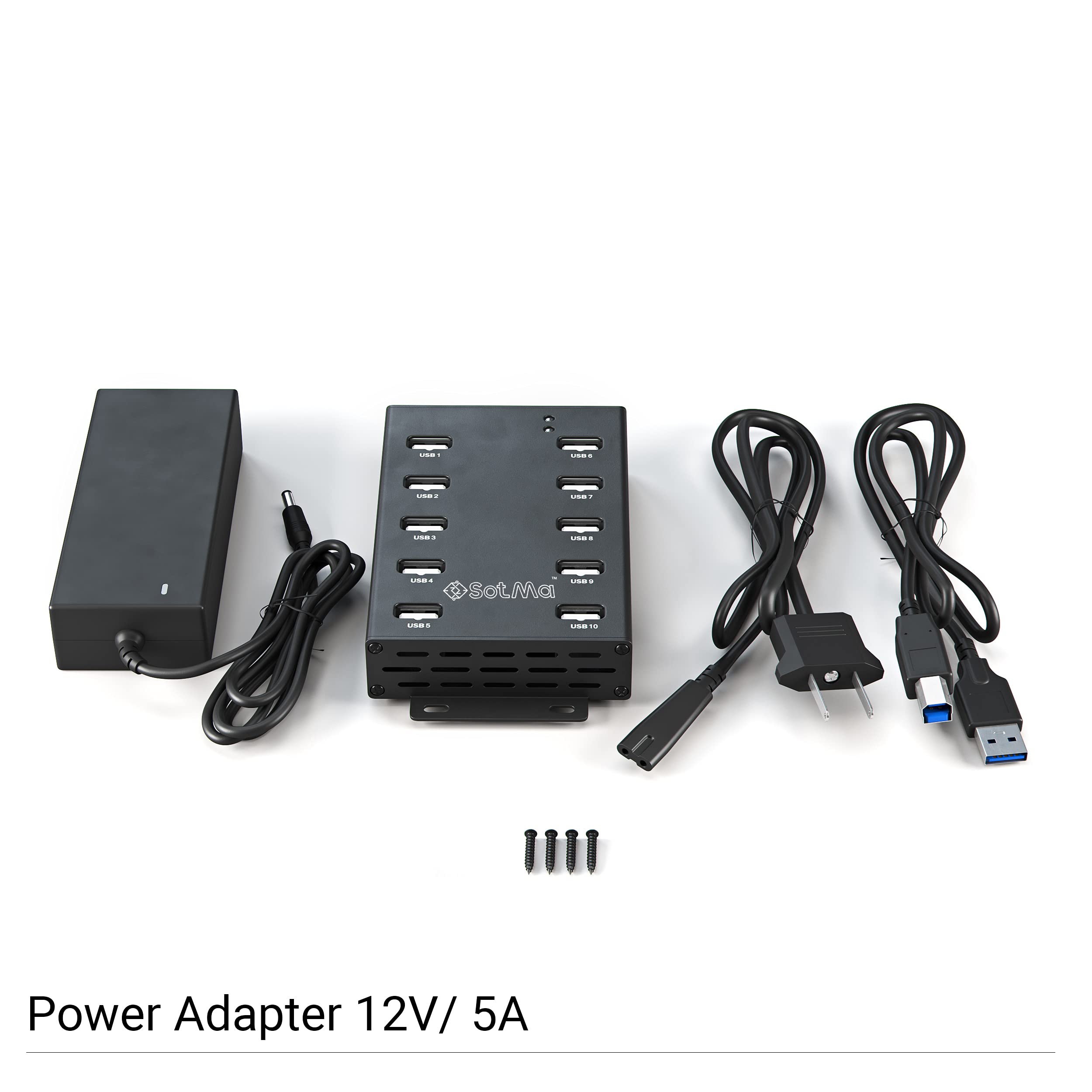 SotMa 10 Port USB 2.0 Hub - USB Hub - Powered USB Hub for Mining - Multiple USB Port Hub - USB Splitter Hub with 12V 5A Power Adapter, LEDs, Mounting Bracket - Black