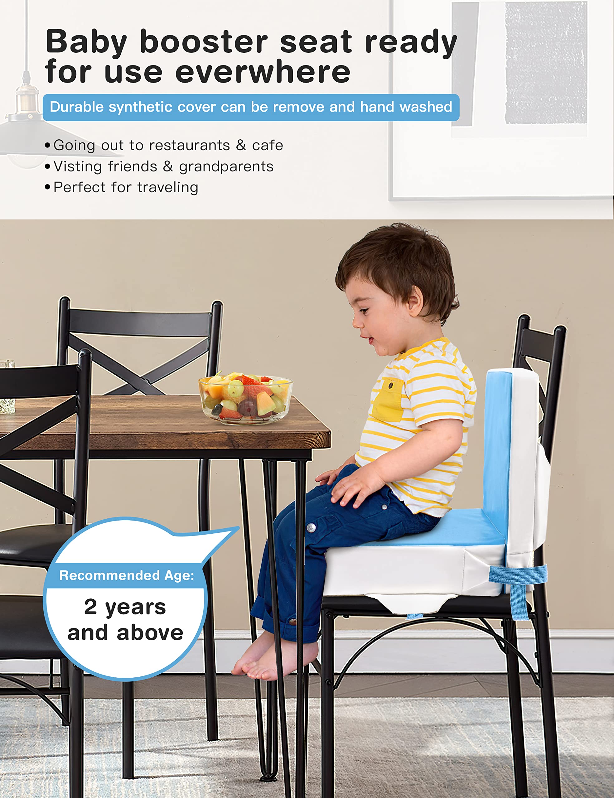 OTTOLIVES Toddler Booster Seat for Dining Table Thick Increasing Waterproof PU Washable Cushion with 2 Adjustable Straps Safety Buckle (Blue)