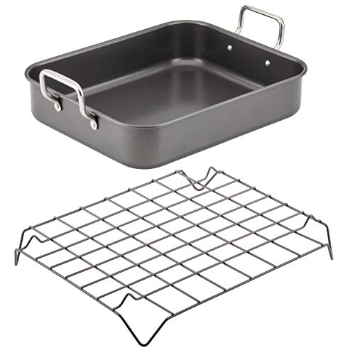 Rachael Ray Bakeware Nonstick Roaster/Roasting Pan with Reversible Rack, 16.5 Inch x 13.5 Inch, Gray