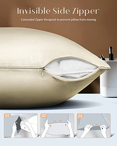100% Mulberry Silk Pillowcase for Hair and Skin 22 Momme 6A Silk Pillow Case Zippered Soft Smooth Cooling -Standard Size 20"X 26"-with Eye Mask and Laundry Bag, Luxury Gift Set(Beige 1pc)