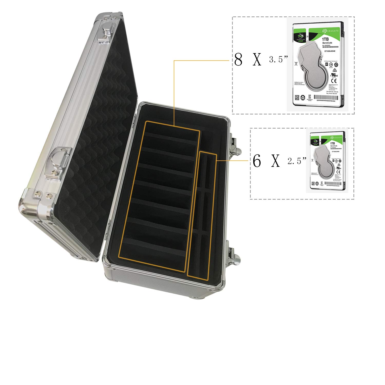2.5" / 3.5" IDE SATA HDD Aluminum & EVA Protection Suitcase,Suitcase for 8 x 3.5 & 6 x 2.5 inch Hard Drive