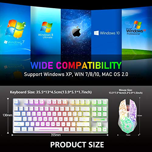 Wireless Gaming Keyboard Mouse and Wrist Rest Set with 87 Key Rainbow Backlight Rechargeable 3800mAh Battery Mechanical Feel Anti-ghosting Ergonomic Waterproof Mute Mice for PC Mac Gamer (White Mix)