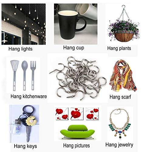 IDEALSV 60 Pcs (304) Stainless Steel Screw Ceiling Hooks 1 Inch Cup Hook Screw-in Light Hooks
