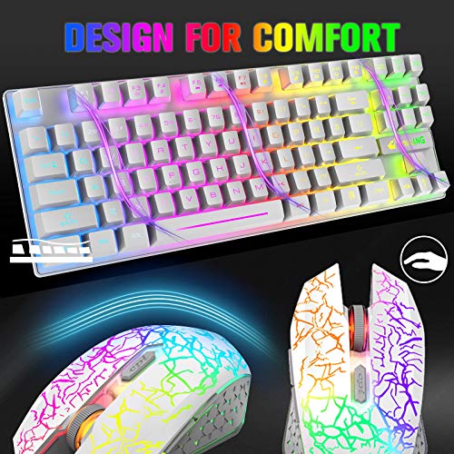 Wireless Gaming Keyboard Mouse and Wrist Rest Set with 87 Key Rainbow Backlight Rechargeable 3800mAh Battery Mechanical Feel Anti-ghosting Ergonomic Waterproof Mute Mice for PC Mac Gamer (White Mix)