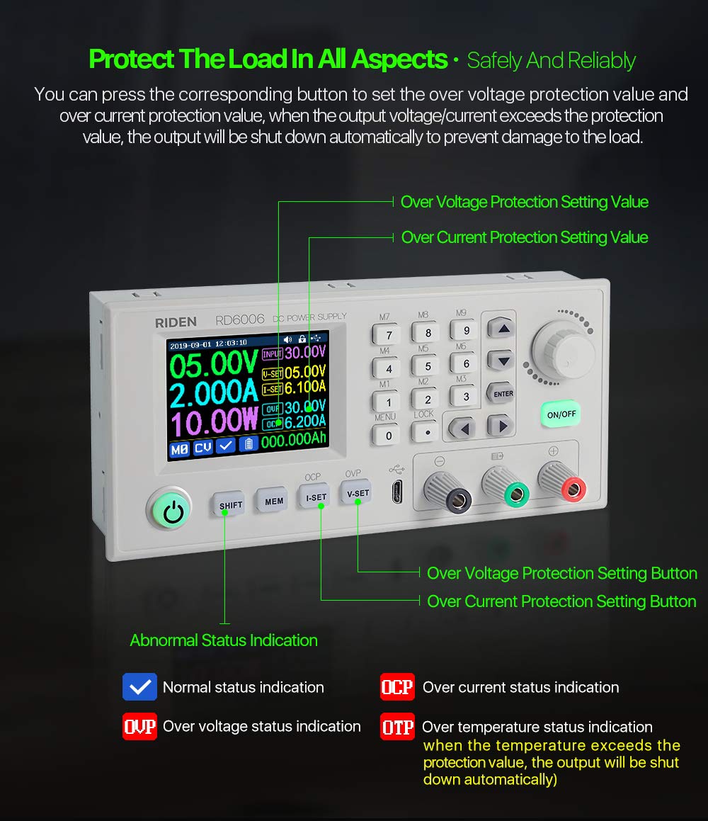 RD RD6006W Communication Version 60V 6A Multimeter DC DC Voltage Current Adjustable Step Down Power Supply Buck Converter Voltmeter(RD6006W)