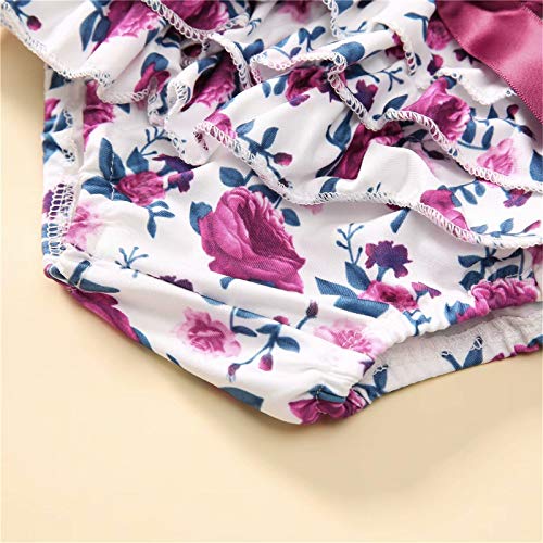 CETEPY Baby Girl Clothes Newborn Summer Outfits Infant 3Pcs Floral Pants + Short Ruffle Romper Playsuit + Headband Wine Red 0-3 Months 70cm