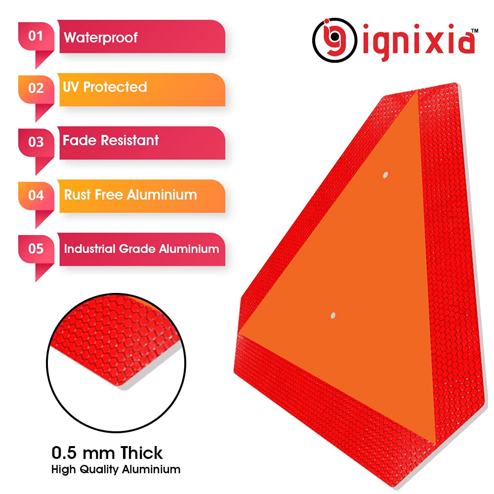 Ignixia Slow Moving Vehicle Sign, Rust free Aluminium Slow Moving Vehicle Triangle signs, 14βx 16β Inches Orange base with Reflective border, SMV Sign for Golf Cart, UTV, safety signs