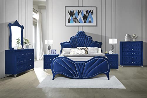 Acme Furniture 5 Drawers Velvet Chest with Button Tufted, Blue
