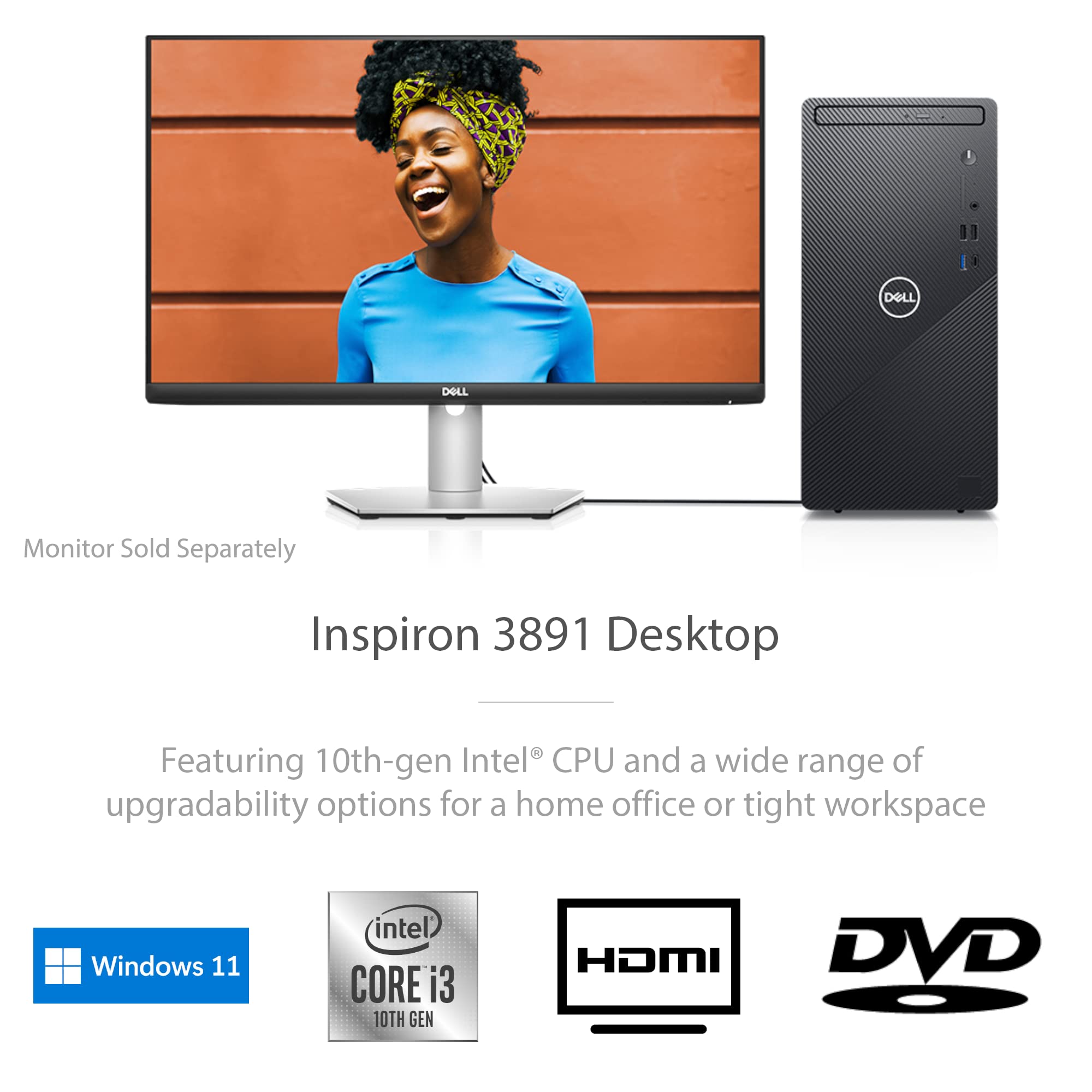 Dell 2021 Inspiron 3891 Desktop PC, Intel Core i3-10105, 16GB RAM, 2TB HDD, WiFi 6, Bluetooth, HDMI, DVD-RW, Wired Keyboard&Mouse, Win 11 Home
