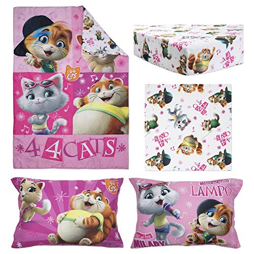 44 Cats 4 Piece Toddler Bedding Set - Includes Quilted Comforter, Fitted Sheet, Top Sheet, and Pillow Case, Pink (FFC102)