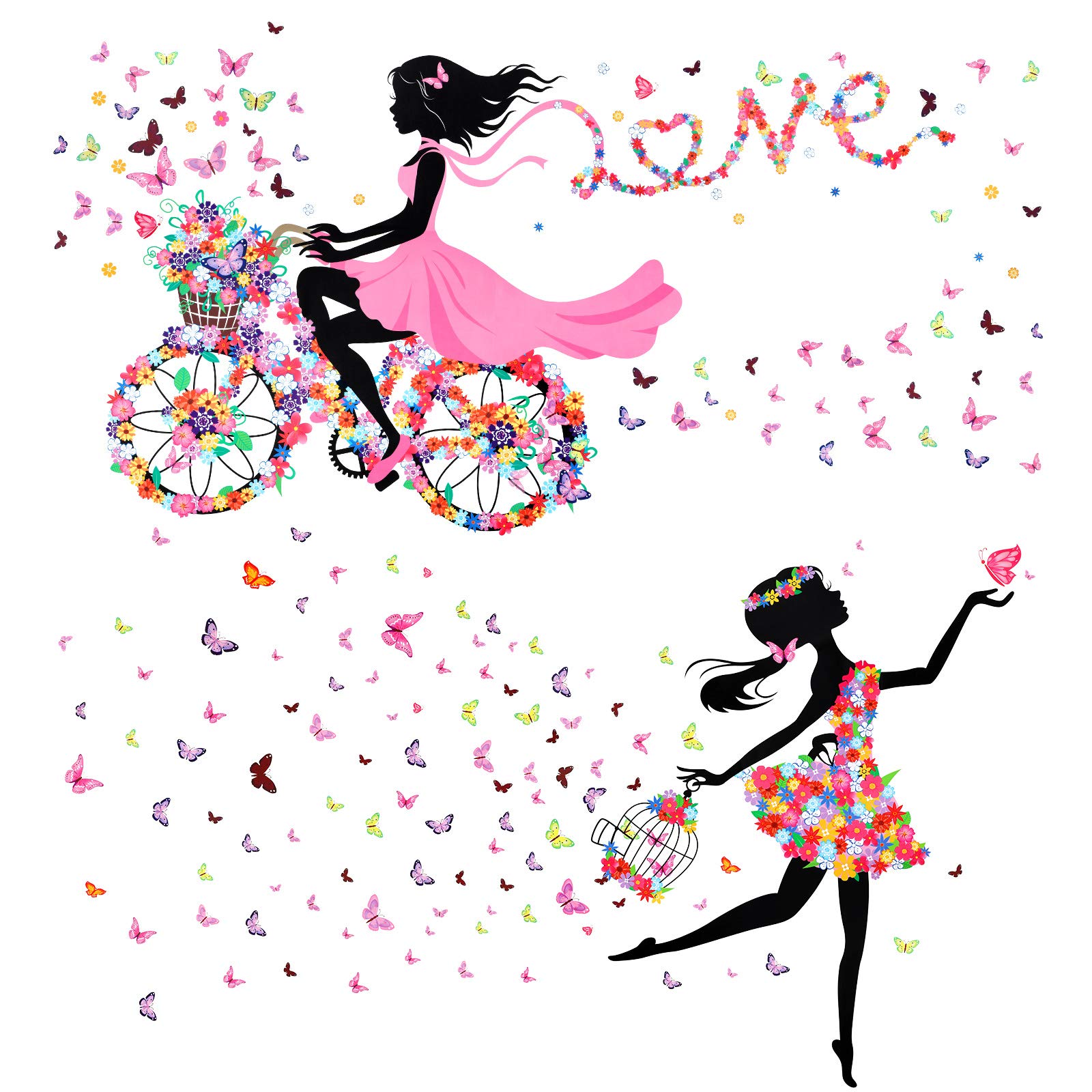 2 Sheets Flower Butterfly Girls Wall Decals for Bedroom Flower Fairy Wall Sticker and Murals Decorative Girl on Bicycle Girls Room Wall Stickers for Girls Kids Bedroom Birthday Party Favor