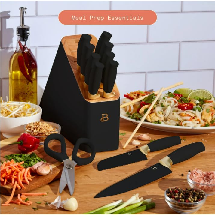 12-Piece Stainless Steel Knife Set with Block and Soft Grip Handles – Black Sesame by Drew Barrymore