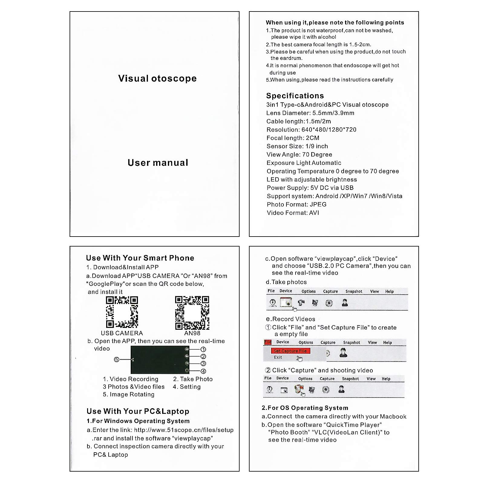 3 in 1 Otoscope iPhone,Endoscope Camera Otoscope Ear Nose Mouth,for Android Devices, Windows & Mac