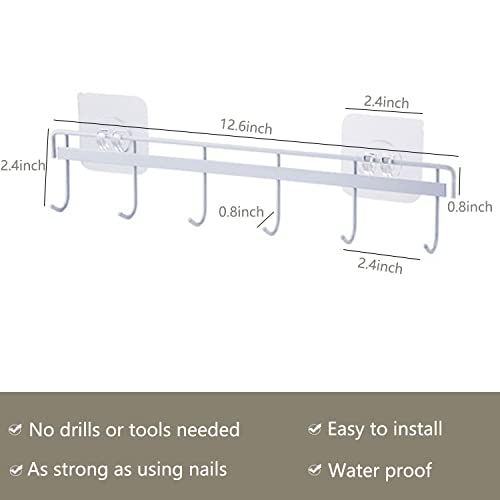 2 Pack Adhesive Wall Hooks Rack Kitchen Rail, Space Saving Heavy Duty Hanger with 6 for Bathroom Bedroom Closet, Utensil Hanging Knives, Spoon, Towel (White), 32x6x2.5cm/12.6 x2.36 x1inch
