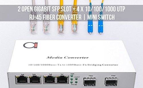 2 x Open SFP Slot + 4 x UTP Cat5e/Cat6 10/100/1000 Copper Ports - Gigabit Ethernet - Fiber Media Converter - Mini Switch - AutoSensing - SFP Slot Supporting Any Mini GBIC/SFP Gigabit Type