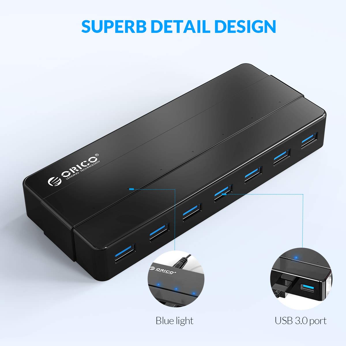Powered 7-Port USB 3.0 Hub, ORICO USB Data Hub with 12V Power Adapter, Multi USB 3.0 Splitter with 3.3 Ft Long USB Cable for PC, Laptop, Keyboard, Mouse, HDDs and More-Black
