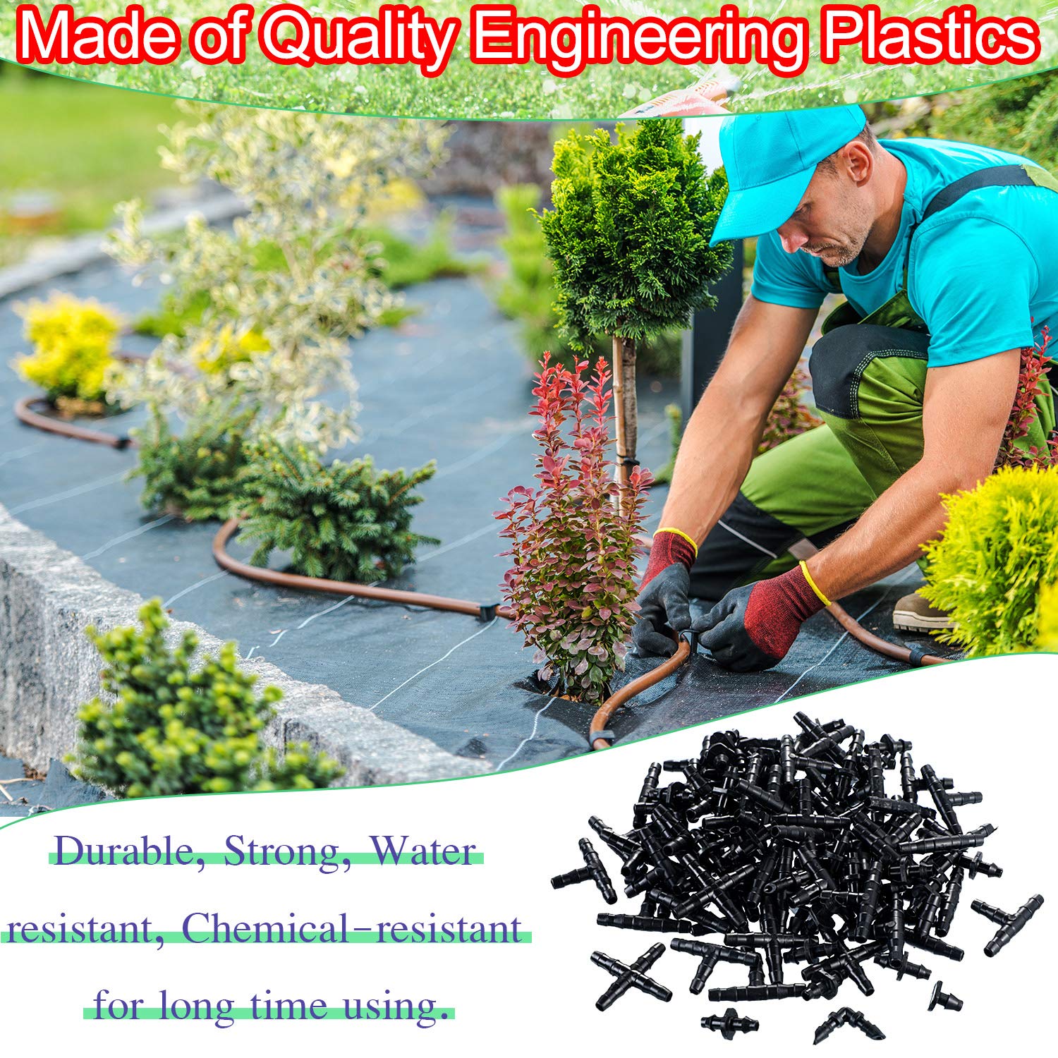 200 Pieces Irrigation Fittings Kit, Drip Irrigation Barbed Connectors for 1/4 Inch Water Hose Connectors, 80 Straight Barbs 60 Tees 20 Elbows 20 End Plug 20 4-Way Coupling for Garden Lawn Drip Systems