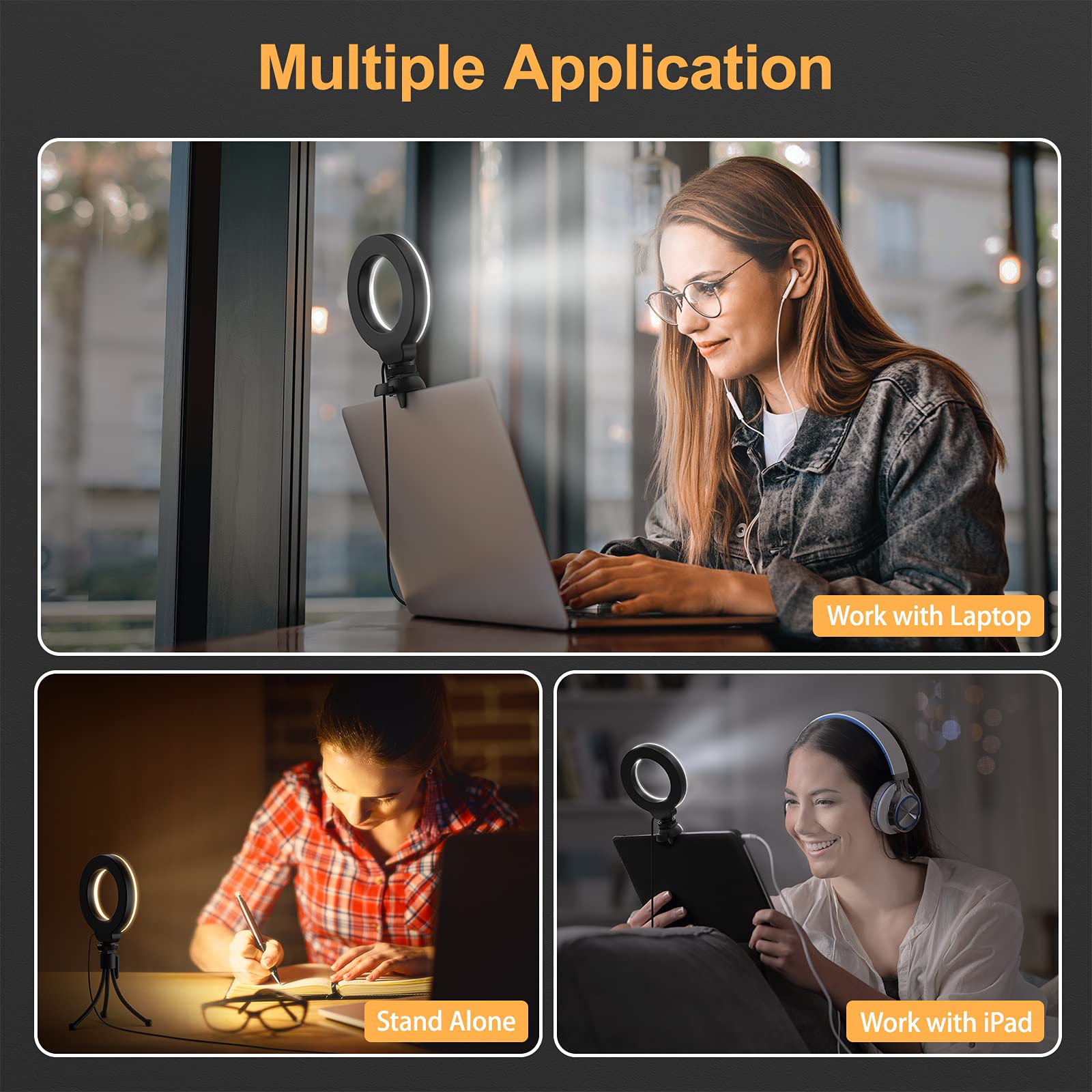 Ring Light for Laptop Computer, Ruyilam Video Conference Lighting Kit with Clip and Tripod, Desktop PC Selfie Dimmable Light with Stand Ring Light for Live Streaming, Video Recording, Makeup