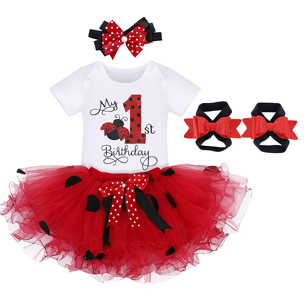 Baby Girls Cake Smash 1st Birthday Outfit Set Romper Bodysuit Dress+Polka Dots Tutu Skirt+ Ears Headband+Barefoot Sandals Foot Bands for Newborns Infants Photograph Ladybug-1st Birthday 1T