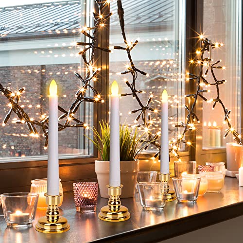 7.9 Inch Christmas Window Candles with Timer and Remote, Flameless Taper Candles Battery Operated, LED Floating Flickering Candles with Removable Candlesticks and Suction Cups for Home Decor(White)