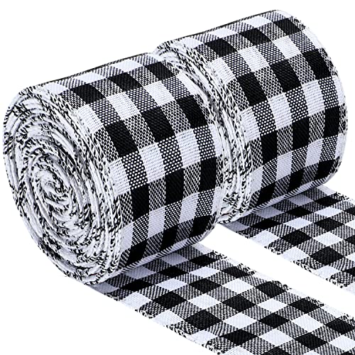 2 Rolls Wired Edge Ribbons Buffalo Plaid Burlap Ribbon Farmhouse DIY Gift Wrapping Crafts for Christmas Bow Wreath Tree Decoration (White Black Plaid, 2.5 Inch Wide, 472 Inch)