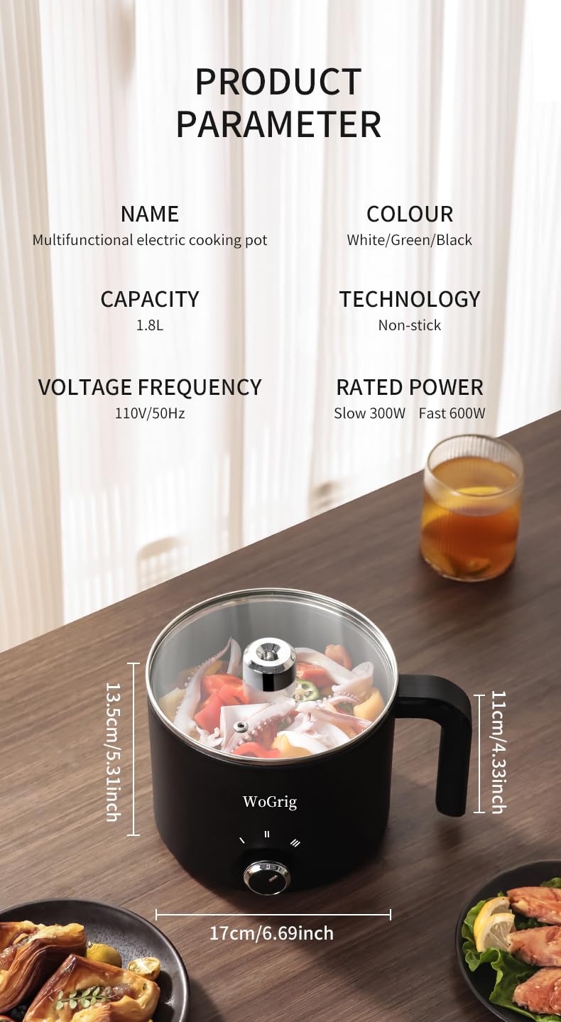 1.8L Electric Hot Pot,Ramen Cooker, Dual power supply Mini Portable Multi-Functional Lazy Pot for Pasta, Noodles, Egg, Soup,Rice,Non-Stick Noodle Cooker with Boil Dry Protection for Dorm, Office